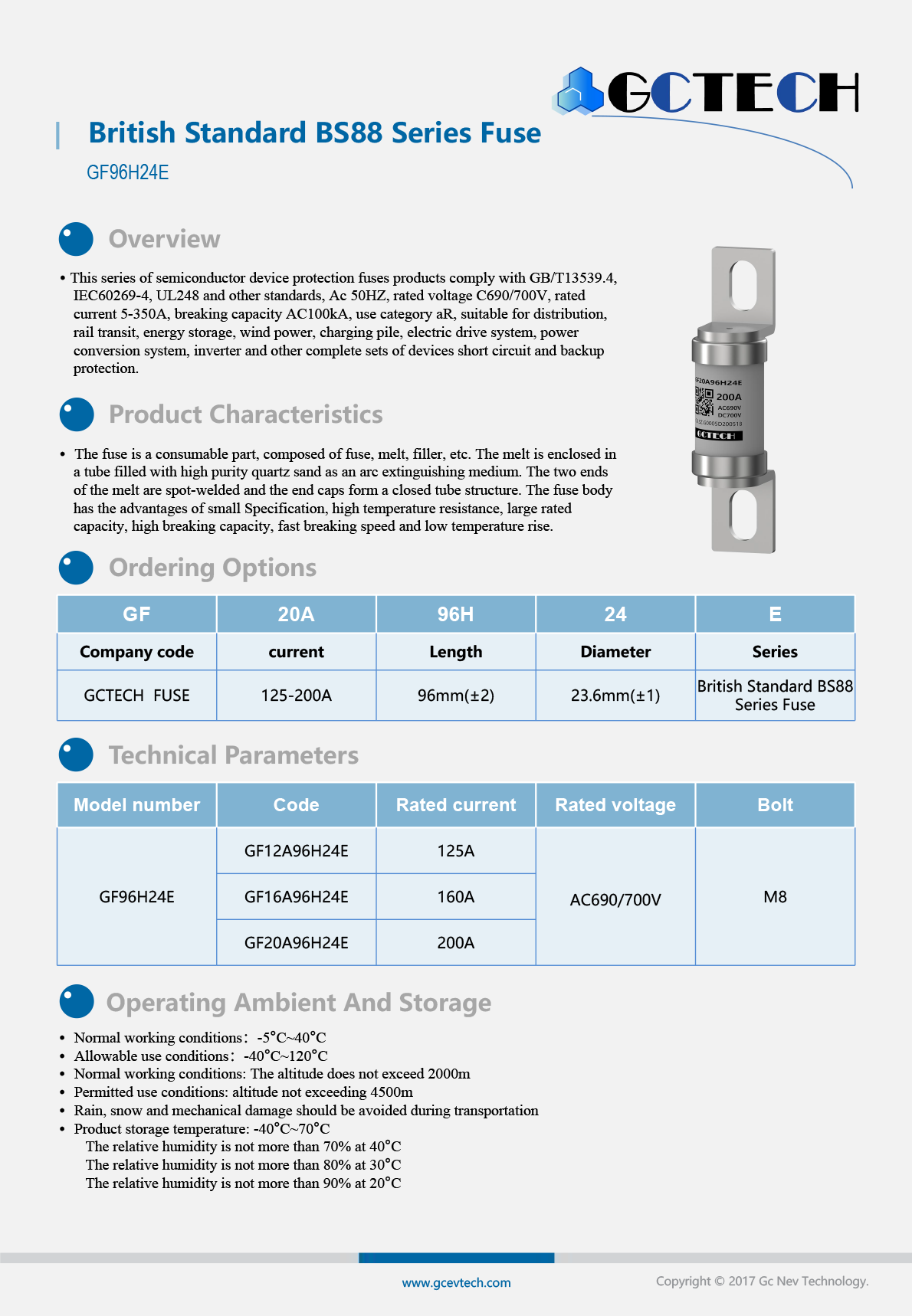 British Standard BS88 Series Fuse-GF96H24E - 绿继新能源